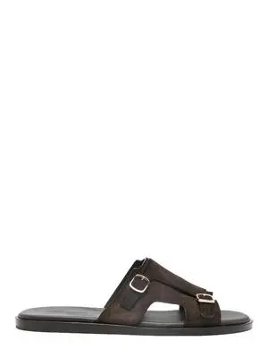 SANTONI SANTONI Dark Brown Suede Buckle Strap Open Toe Flat Sandals