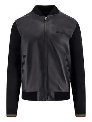 Gucci Leather And Wool Zip-up Jacket With Web Detail - Multicolor