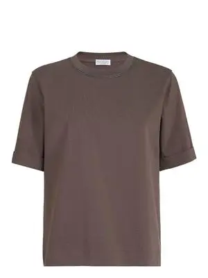 Brunello Cucinelli BRUNELLO CUCINELLI Brown Cotton T-Shirt With Monili Trim Multicolor