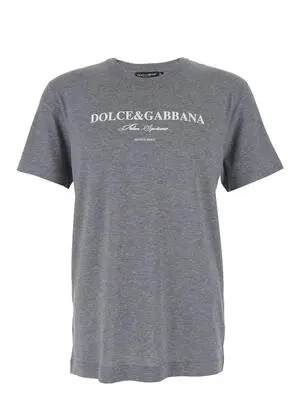 Dolce & Gabbana Grey Crewneck T-shirt With Logo Lettering Print On The Front In Cotton - Gray