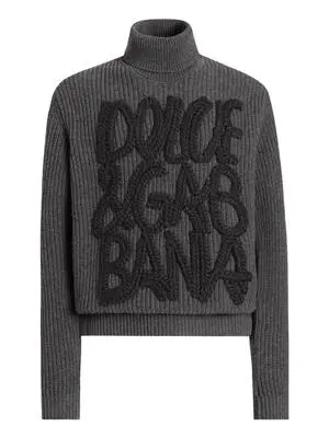 Dolce & Gabbana Wool Ribbed Knit Turtleneck Sweater With Embroidered Logo - Multicolor