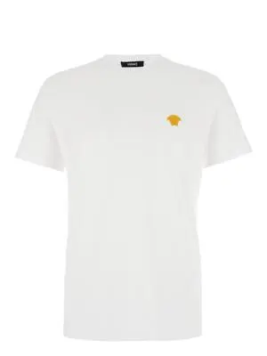 Versace White Crewneck T-shirt With Medusa Embroidery On The Front In Cotton - Multicolor