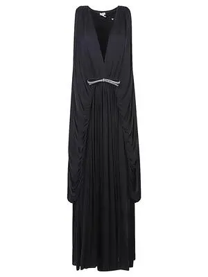 Loewe Silk Draped Long Dress With Crystal Embellished Suede Bow - Multicolor