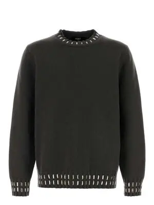 Fendi Wool Blend Sweater With Embellished Neckline And Hem - Gray