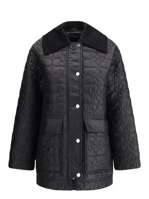 GANNI Quilted Glossy Finish Down Jacket With Corduroy Collar - Gray
