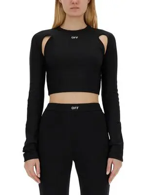 Off-White Cropped Long Sleeve Top With Logo Detail - Black