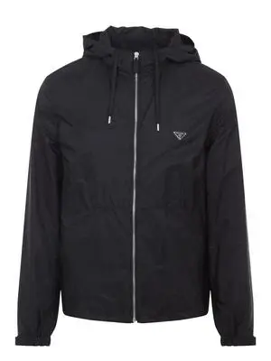 Prada Hooded Zip-up Jacket With Signature Logo Patch - Black