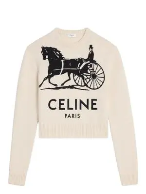 Celine Cashmere Crew Neck Sweater With Horse And Carriage Print - White