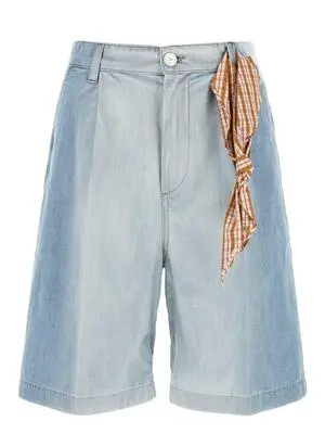 Marni Light Wash Denim Bermuda Shorts With Scarf Detail - Blue
