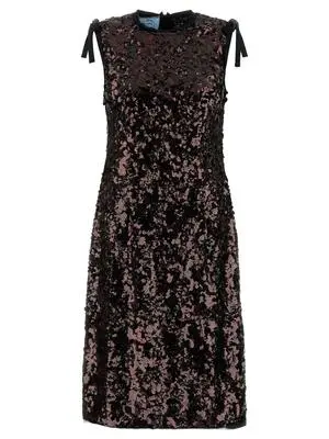 Prada Sequined Sleeveless Dress With Bow Detail - Brown