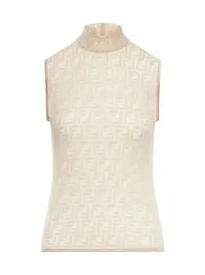 Fendi Ff Lace Sleeveless High Neck Top - Cream