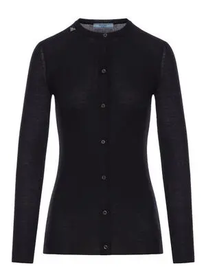 Prada Ribbed Wool Crew Neck Cardigan With Logo Detail - Black