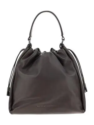 Brunello Cucinelli Leather Shoulder Bag With Drawstring Closure - Brown