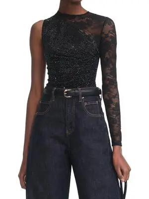 SELF-PORTRAIT Asymmetrical Rhinestone And Lace Top - Multicolor