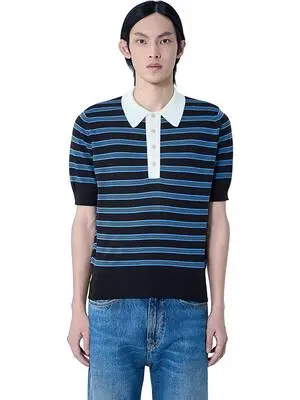 WALES BONNER Striped Knit Polo Shirt - Blue