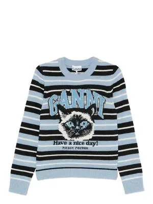 GANNI GANNI Striped Wool Blend Sweater With Cat Graphic