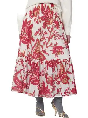 Etro White Cotton Floral Print Full Skirt - Red