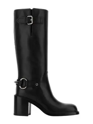 Gucci Leather Buckled Knee High Boots - Black