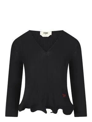 Fendi Ribbed V-neck Sweater With Scalloped Hem - Multicolor