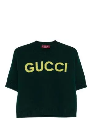 Gucci Gucci Green Wool Knit Top With Yellow Lettering Green