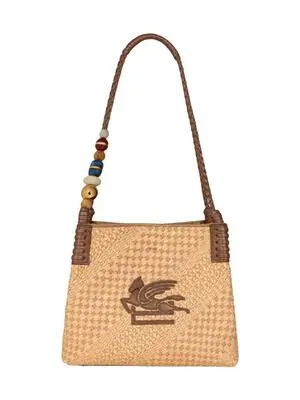 Etro Libra Small Raffia Shopping Bag With Embroidered Pegasus Logo - Brown