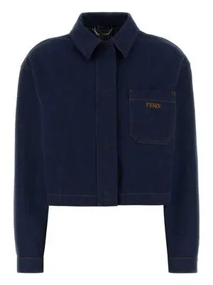 Fendi Denim Cropped Jacket With Logo Detail - Blue