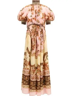 Zimmermann Aster Billow Dress Printed Silk Maxi Dress With Puff Sleeves And Belted Waist - Multicolor