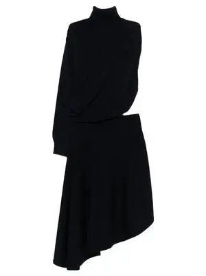 Alaïa Virgin Wool Turtleneck Dress With Asymmetrical Hem - Blue