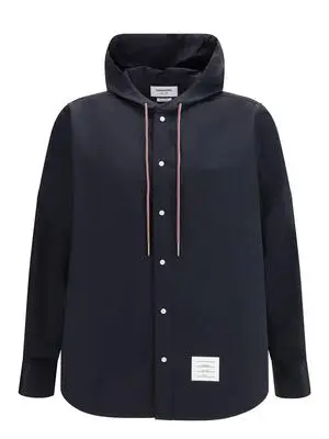 Thom Browne Nylon Cotton Hooded Shirt Jacket With Drawstring And Logo Patch - Black