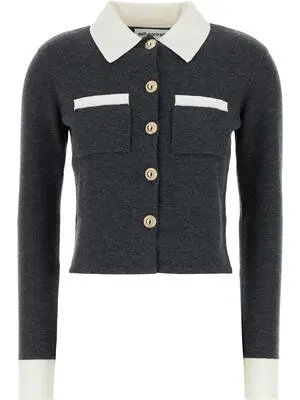 SELF-PORTRAIT Dark Grey Stretch Wool Blend Cardigan - Gray