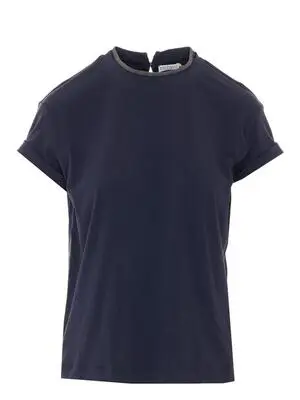 Brunello Cucinelli Short-sleeve T-shirt With Beaded Collar Detail - Blue