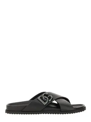 Dolce & Gabbana Calfskin Cross Strap Sandals With Dg Logo - Black