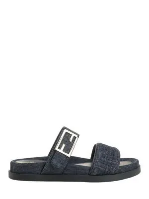 Fendi Flat Denim Slides With Ff Baguette Buckle - Blue