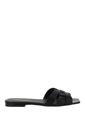 Saint Laurent Woven Leather Square Toe Flat Sandals - Black