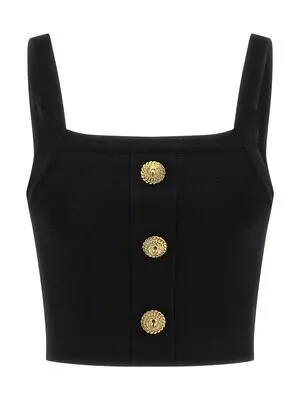 Balmain Viscose Knit Cropped Top With Testa Di Leone Buttons - Black
