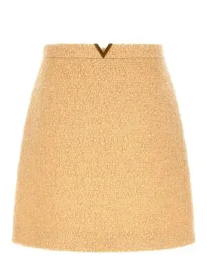 Valentino Garavani V Gold Curly Wool Tweed Mini Skirt - Cream