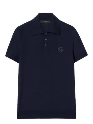 Gucci Dark Wool Knit Polo With Gg Embroidery - Blue