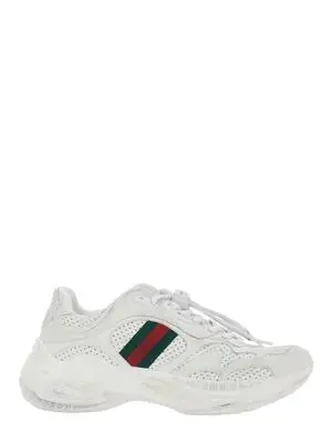 Gucci White Leather Low Top Sneakers With Perforated Design And Web Detail - Multicolor