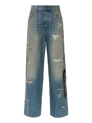 Amiri Embellished Wide-leg Denim Jeans - Blue