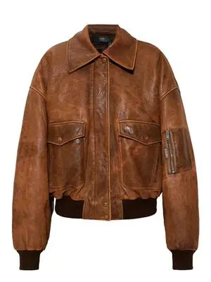 Amiri Leather Collared Zip Up Jacket - Brown