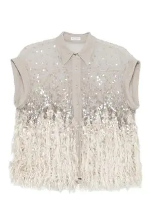Brunello Cucinelli Sequin Embellished Fringe Shirt - Gray