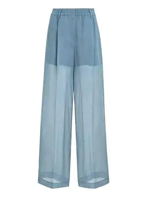 Brunello Cucinelli Wide Leg Cotton Organza Trousers With Monili Embroidery - Blue