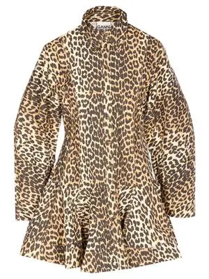 GANNI Leopard Print Long Sleeve Shirt Dress - Brown