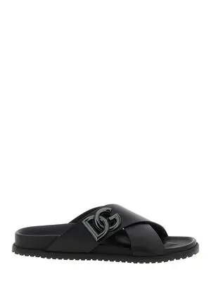 Dolce & Gabbana Calf Leather Slides With Dg Logo - Black