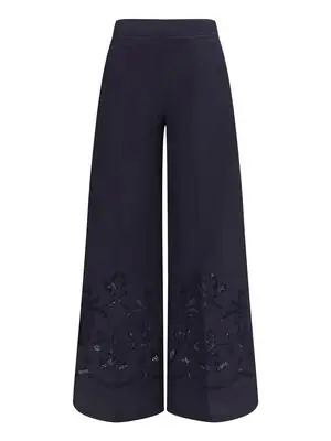 FORTE_FORTE Embroidered Wide Leg Cotton Pants - Blue