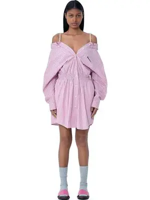 Miu Miu Striped Poplin Off-shoulder Shirtdress - Pink