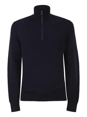 BOSS Textured Cotton High Neck Zip Sweater - Multicolor