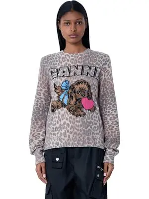 GANNI Leopard Print Knit Sweater With Graphic Dog Motif - Brown