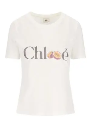 Chloé CHLOE Organic Cotton Logo Detail T-Shirt Cream