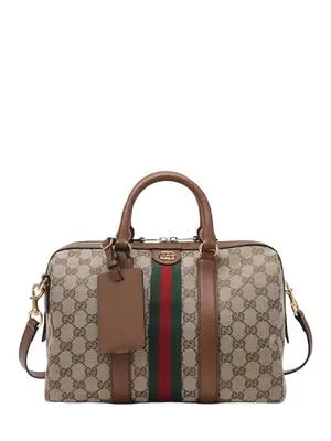 Gucci GUCCI Monogrammed Canvas And Leather Top Handle Bag Cream